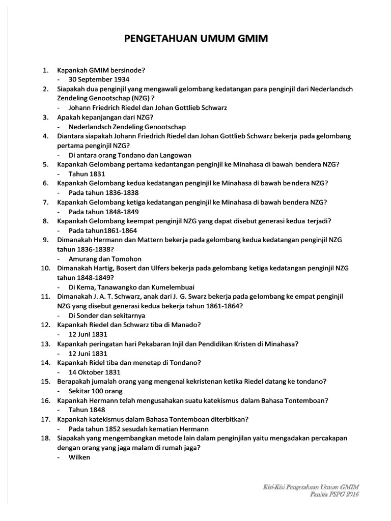 Pertanyaan Pengetahuan Umum GMIM | PDF