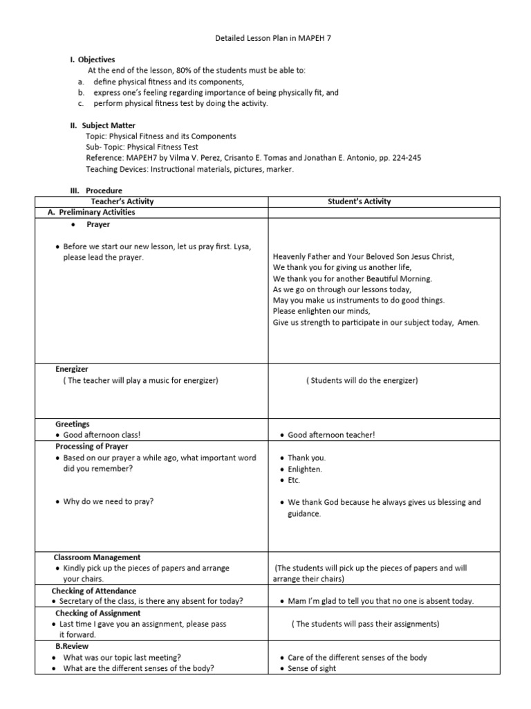 MAPEH 7 Lesson Plan: Physical Fitness | PDF | Flexibility (Anatomy ...