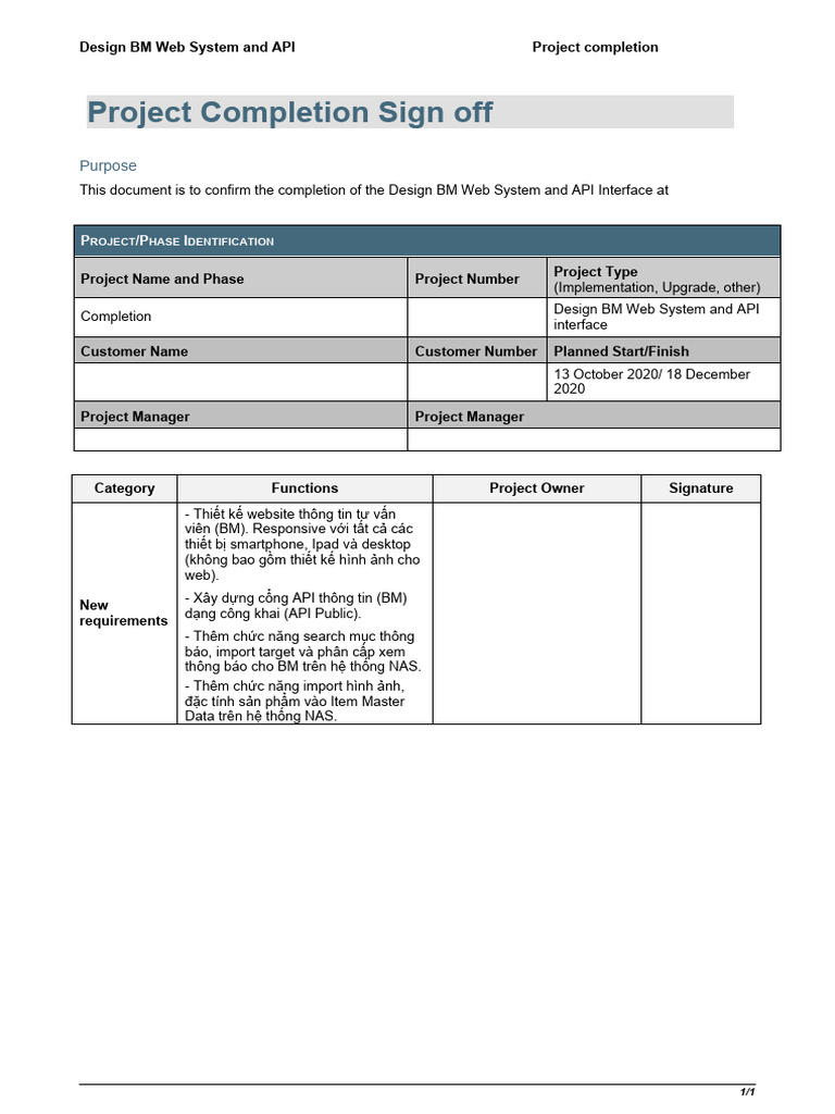 Project Completion Sign Off (BM WEB) | PDF