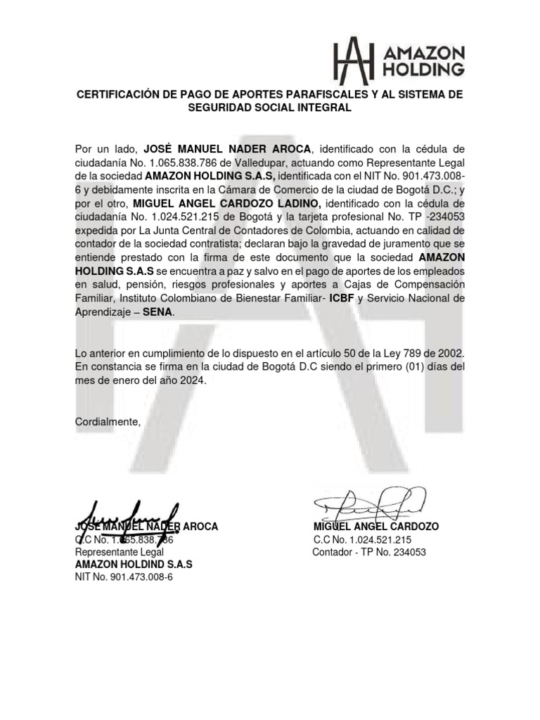 Certificación De Pago De Aportes Parafiscales Pdf