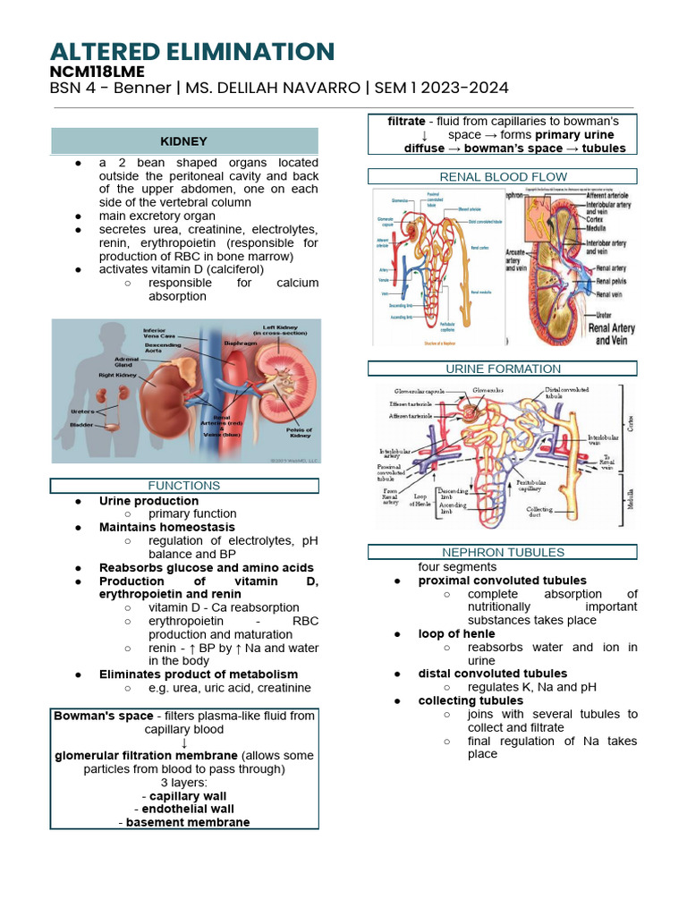 Altered Elimination Notes | PDF | Kidney | Medical Specialties