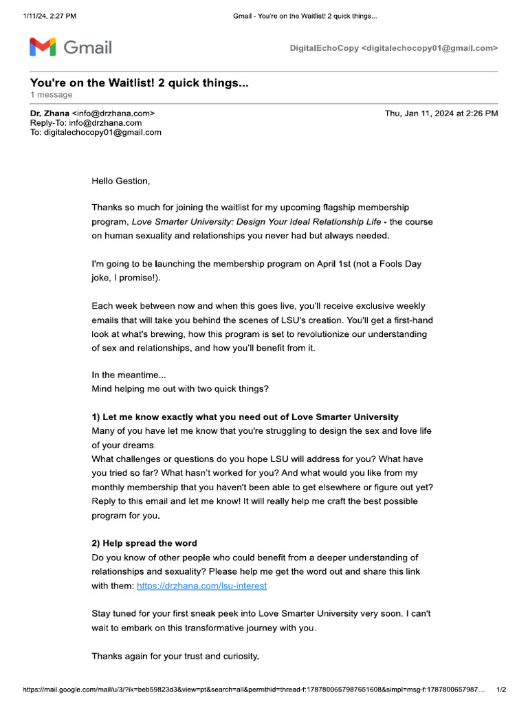 Email After Joining A Waitlist For A Course or Program | PDF
