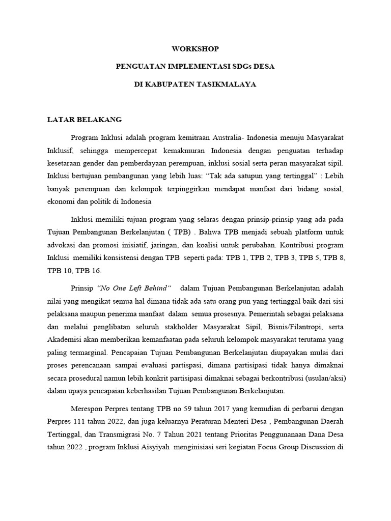 TOR Penguatan SDGs Desa - Tasik Fiks | PDF