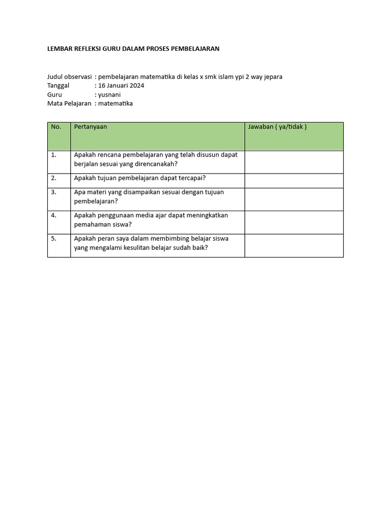 Lembar Refleksi Guru Dalam Proses Pembelajaran | PDF | Sains & Matematika