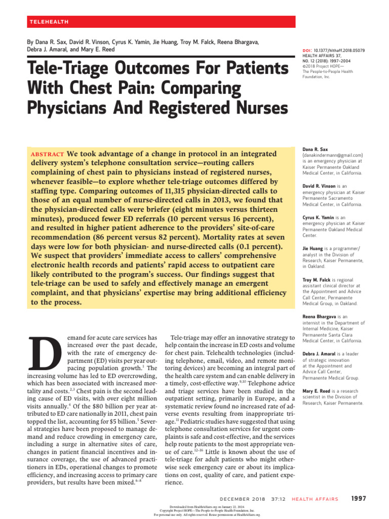 Sax Et Al 2018 Tele Triage Outcomes For Patients With Chest Pain ...