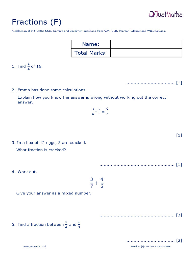 GCSE Maths Fractions Sample Questions | PDF | Schools | United Kingdom