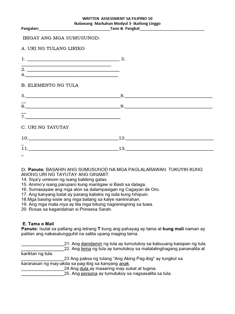 Written Assessment Sa Filipino 10 QTR 2 | PDF