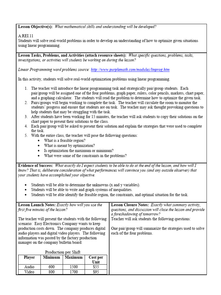 Linear Programming Lesson Plan | PDF | Linear Programming ... Linear Programming Lesson Plan | PDF | Linear Programming ...