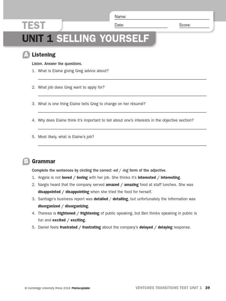 Ventures Transitions Tests and Answer Key | PDF | Employment | Goal