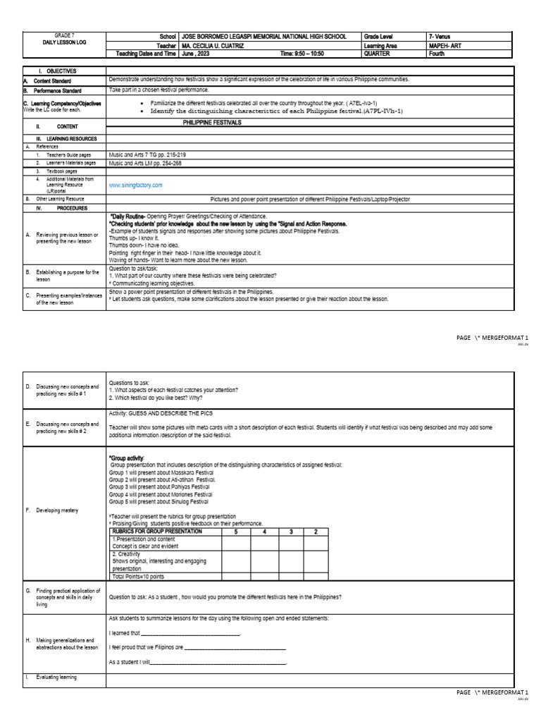 DLL For COT IN MAPEH 7 4th QTR SY 2020-2021 | PDF | Learning | Cognitive Science