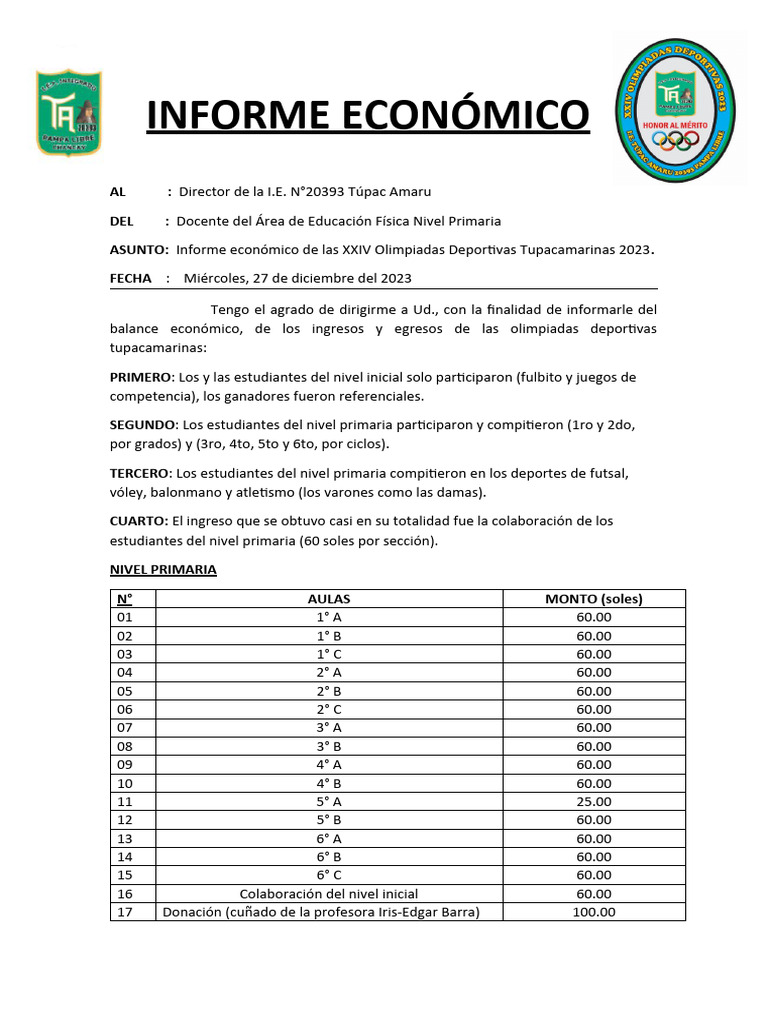 INFORME ECONÓMICO - OLIMPIADASdocx | PDF