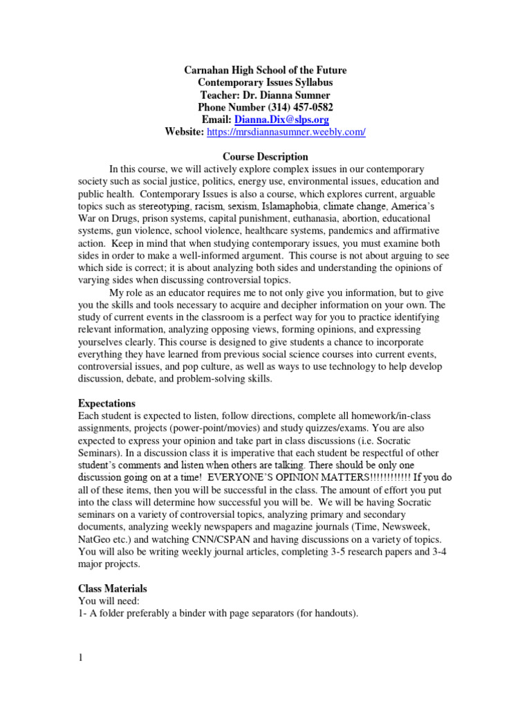 Contemporary Issues Course Syllabus 2020 | PDF | Teachers | Homework