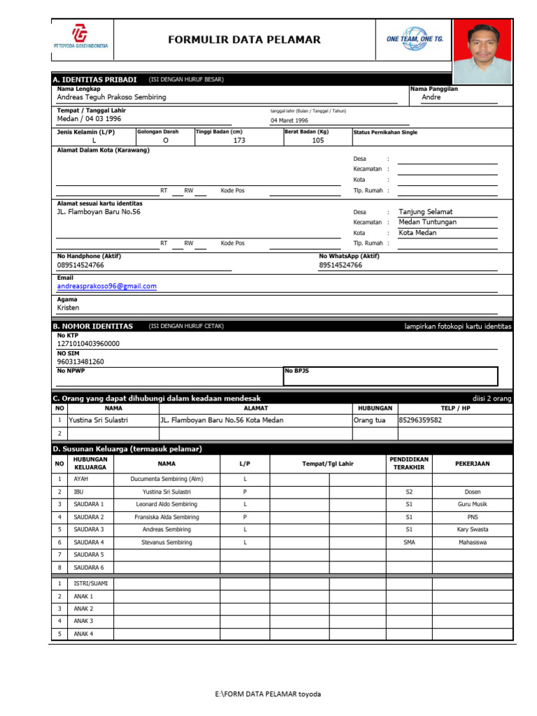 Formulir Data Pelamar Kerja PT Toyoda | PDF