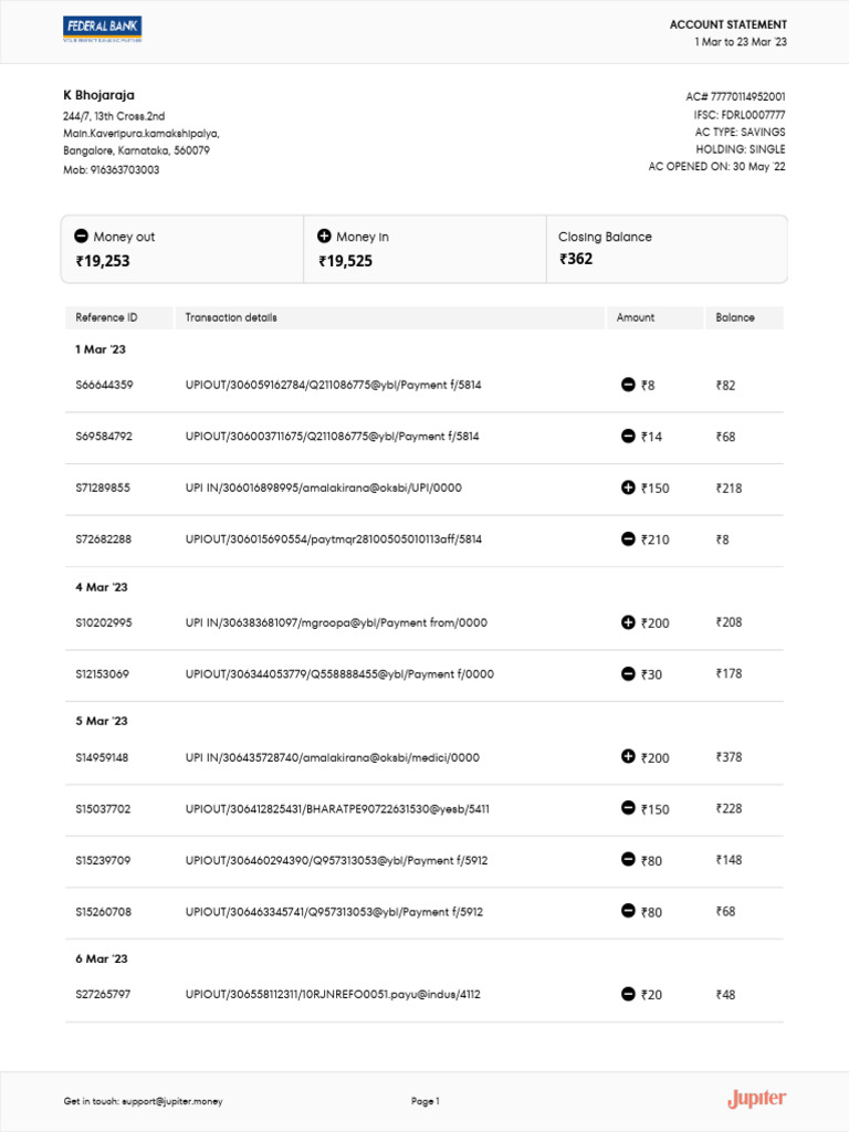 Jupiter Account Statement 01 Mar 2023 To 23 Mar 2023 - Unlocked | PDF | Payments | Financial ...