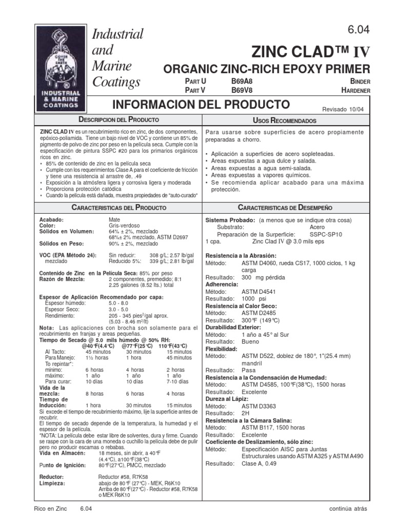 Zinc Clad IV Epoxy Zinc Primer | PDF | Zinc | Acero
