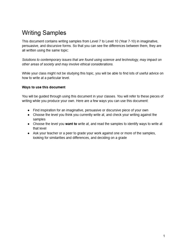 Writing Samples for Grades 7-10 | PDF | Artificial Intelligence ...