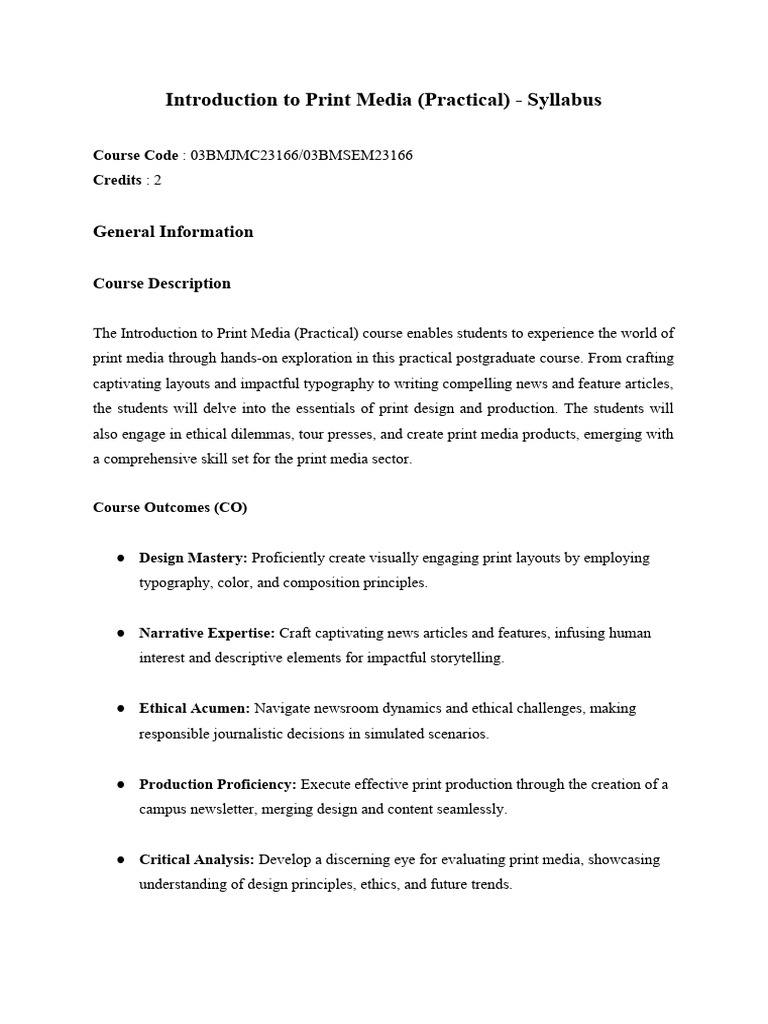 Print Media Practical Course Syllabus | PDF | Graphic Design | Typography