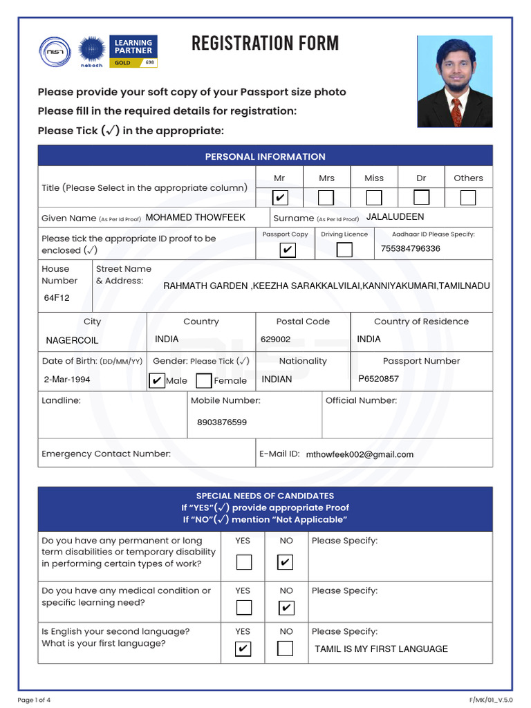 NEBOSH Registration Form (Thowfeek) | PDF