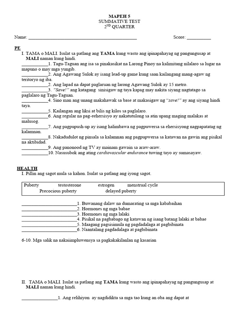 MAPEH 5 - PE and Health | PDF