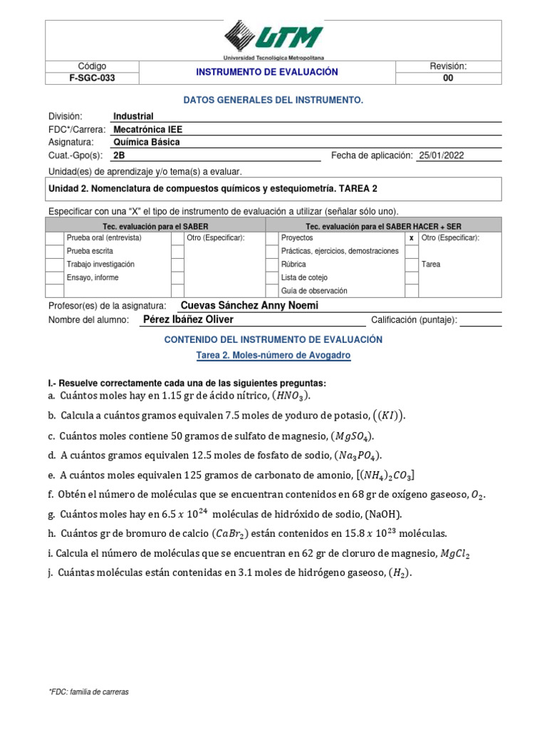 QB Tarea2 U1 2022 | PDF | Mole (Unidad) | Evaluación