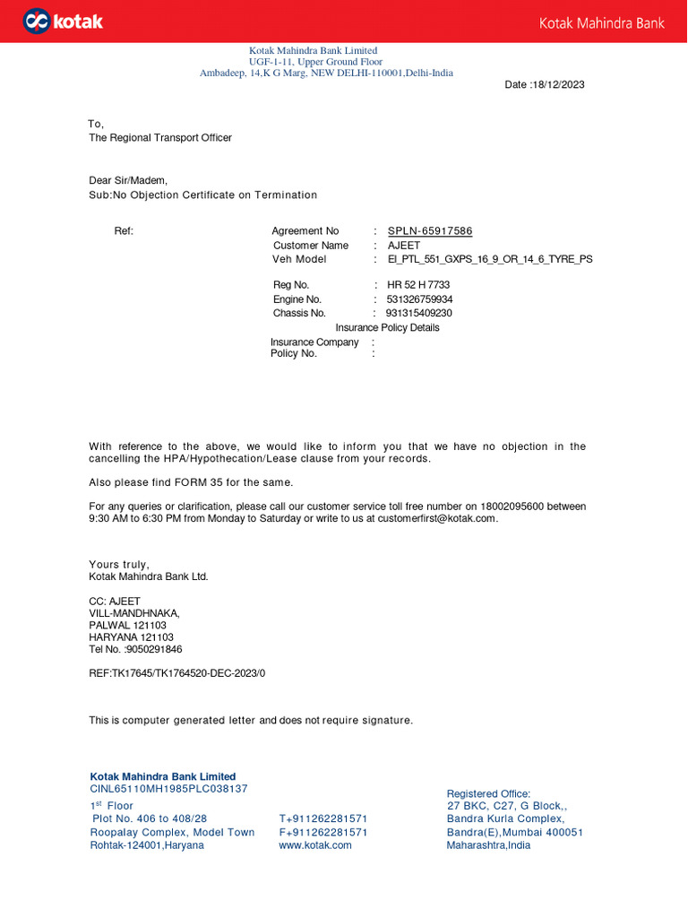 Kotak Mahindra Bank NOC Certificate | PDF