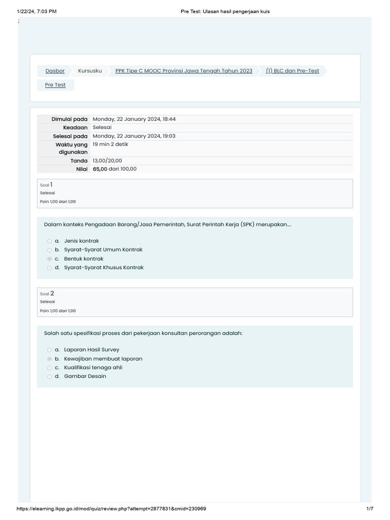Pre Test - Ulasan Hasil Pengerjaan Kuis | PDF