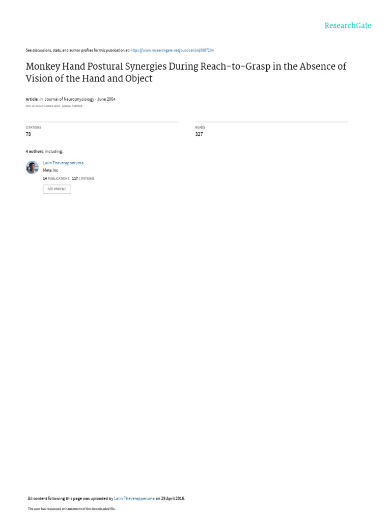 Monkey Hand Postural Synergies During Reach-to-Gra | PDF | Hand | Thumb