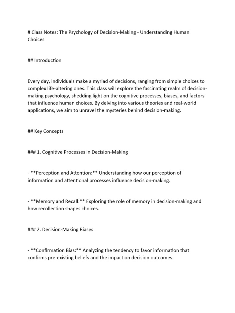 Class Notes The Psychology of Decision-Making - Understanding Human ...