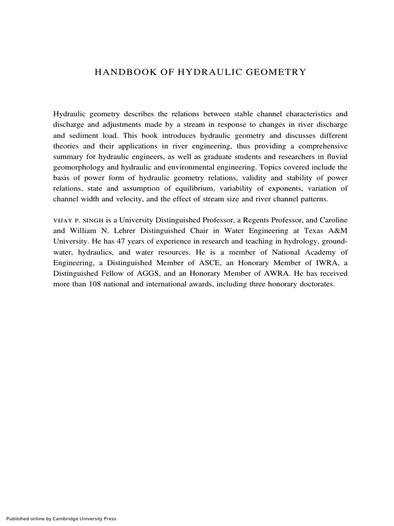 Vijay Singh - Handbook of Hydraulic Geometry - Theories and Advances-Cambridge University Press ...