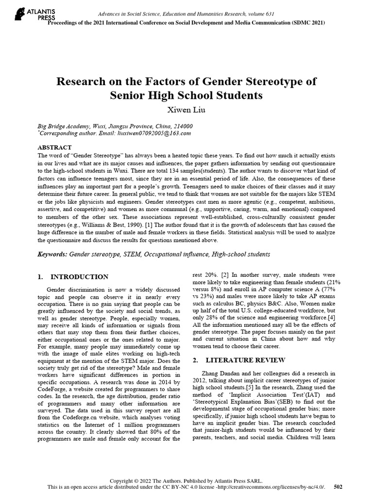 Research On The Factors of Gender Stereotype of Senior High School Students | PDF | Gender ...