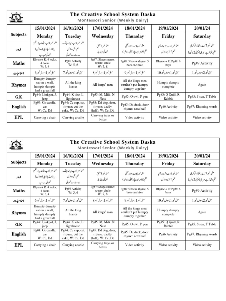 Weekly Montessori Curriculum Daska | PDF