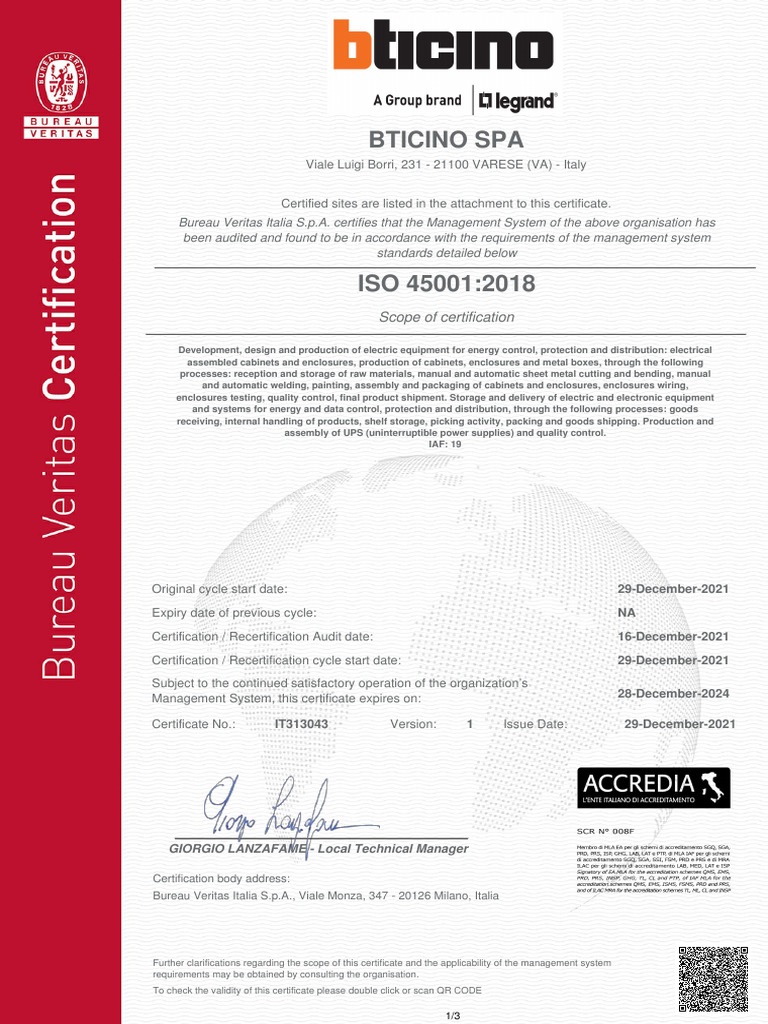 Bticino Spa - Iso 45001 Rev. 1 - Ing - Con Logo | PDF | Packaging And Labeling | Certification