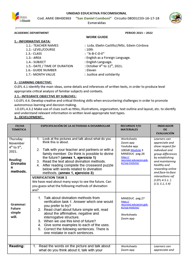 Biweekly Work Guide 11 To 10TH Egb | PDF | English As A Second Or Foreign Language | Cognitive ...