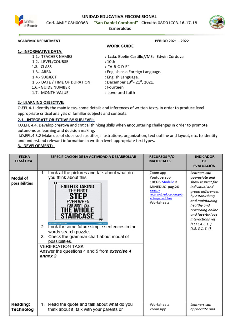 Biweekly Work Guide 14 To 10th Egb | PDF | English As A Second Or ...