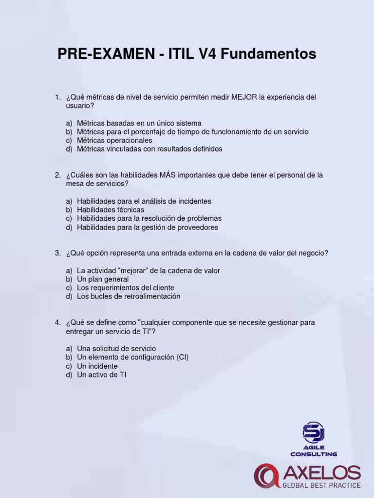 Simulacro Pre-Examen ITIL4 | PDF | Calidad (comercial) | Economias