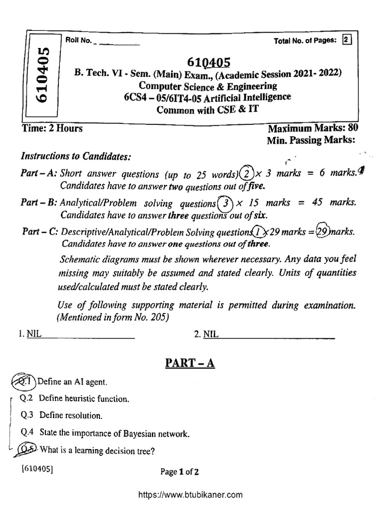 Btech Cs It 6 Sem Artificial Intelligence 610405 2022 | PDF