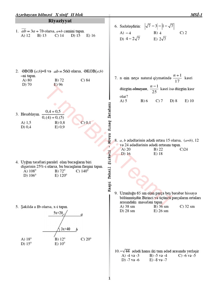 Riyaziyyat Testi | PDF