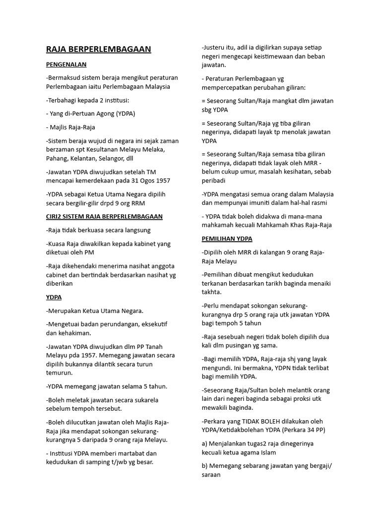 RAJA BERPERLEMBAGAAN NOTA RINGKAS (Kenegaraan) | PDF
