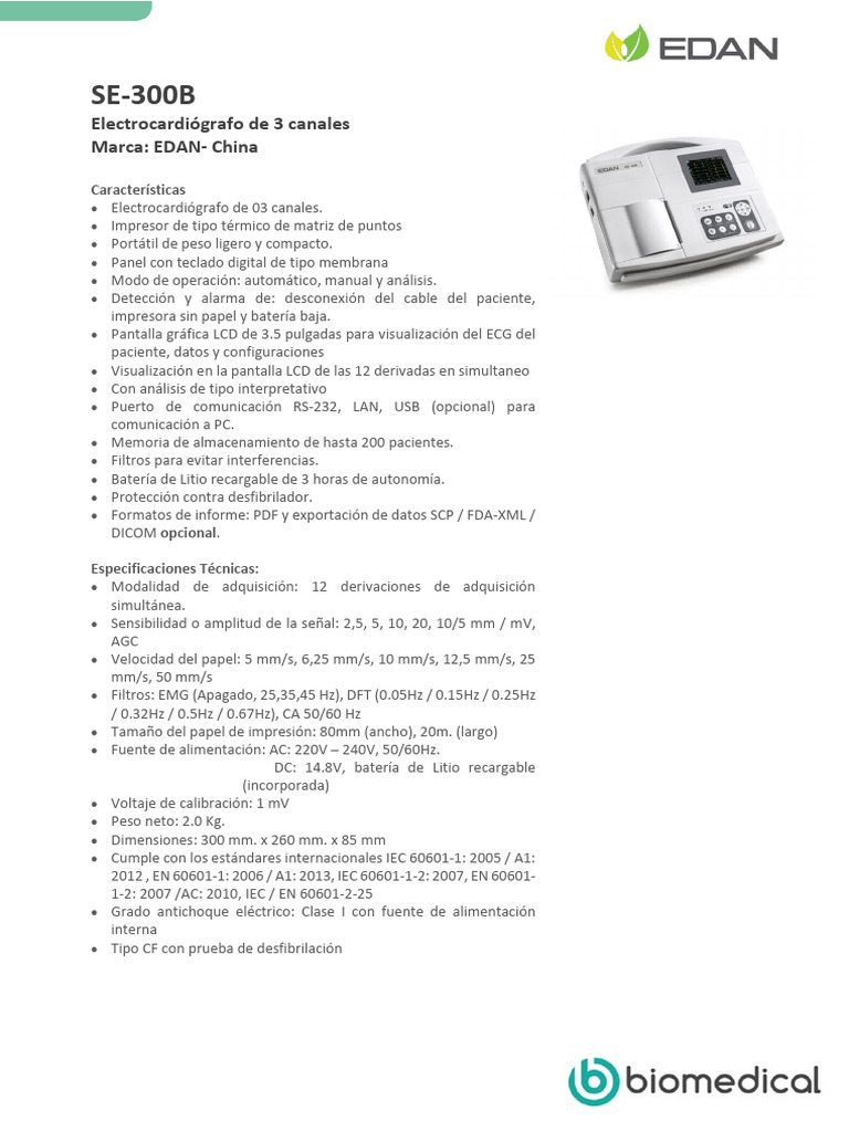 Electrocardiógrafo de 3 Canales Marca: EDAN-China: Características | PDF