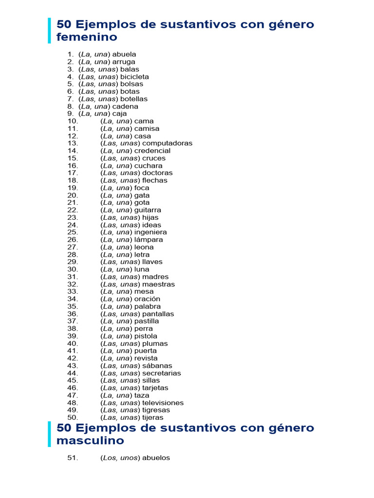 50 Ejemplos de Sustantivos Con Género Femenino | PDF | Hogar ...