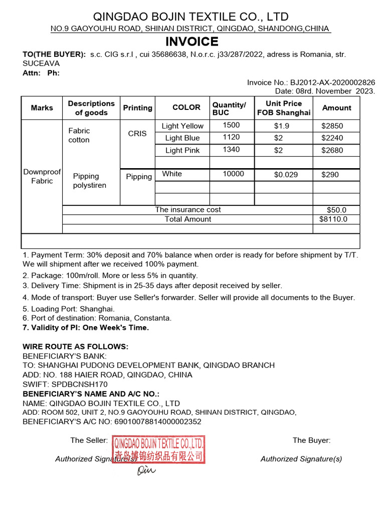 Textile Invoice for Romanian Buyer | PDF