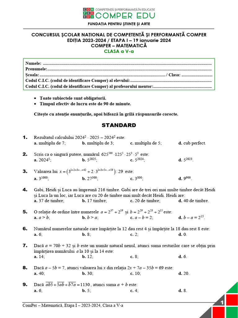 Subiect Comper Mate EtapaI 2023 2024 Clasav | PDF