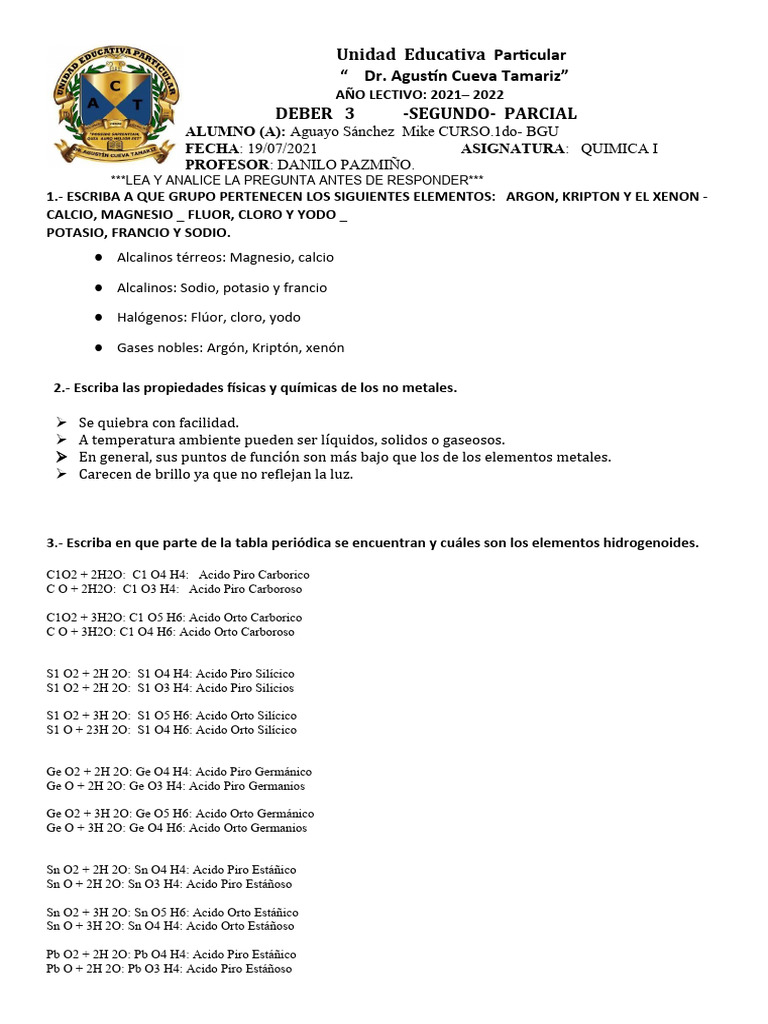 Deber 3 1ero Quimica | PDF | Naturaleza | Ciencias fisicas