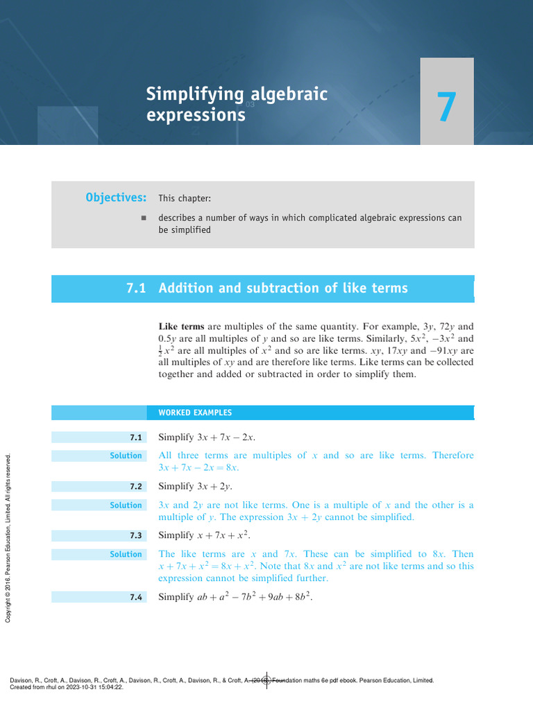 Foundation Maths 6e PDF Ebook - (7 Simplifying Algebraic Expressions) | PDF | Multiplication ...