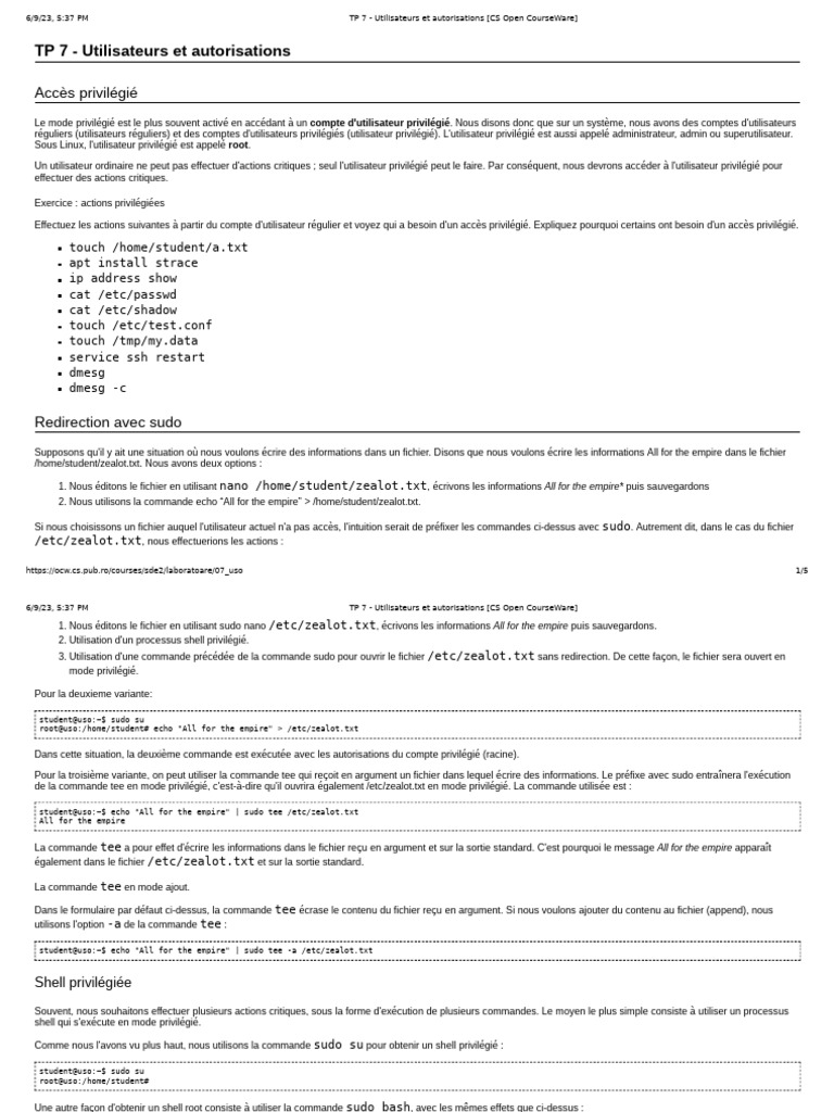 TP 7 - Utilisateurs Et Autorisations (CS Open CourseWare) | PDF | Superutilisateur | Fichier texte