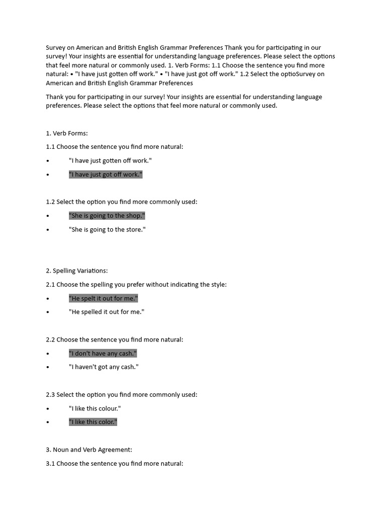 Survey On American and British English Grammar Preferences Thank You ...