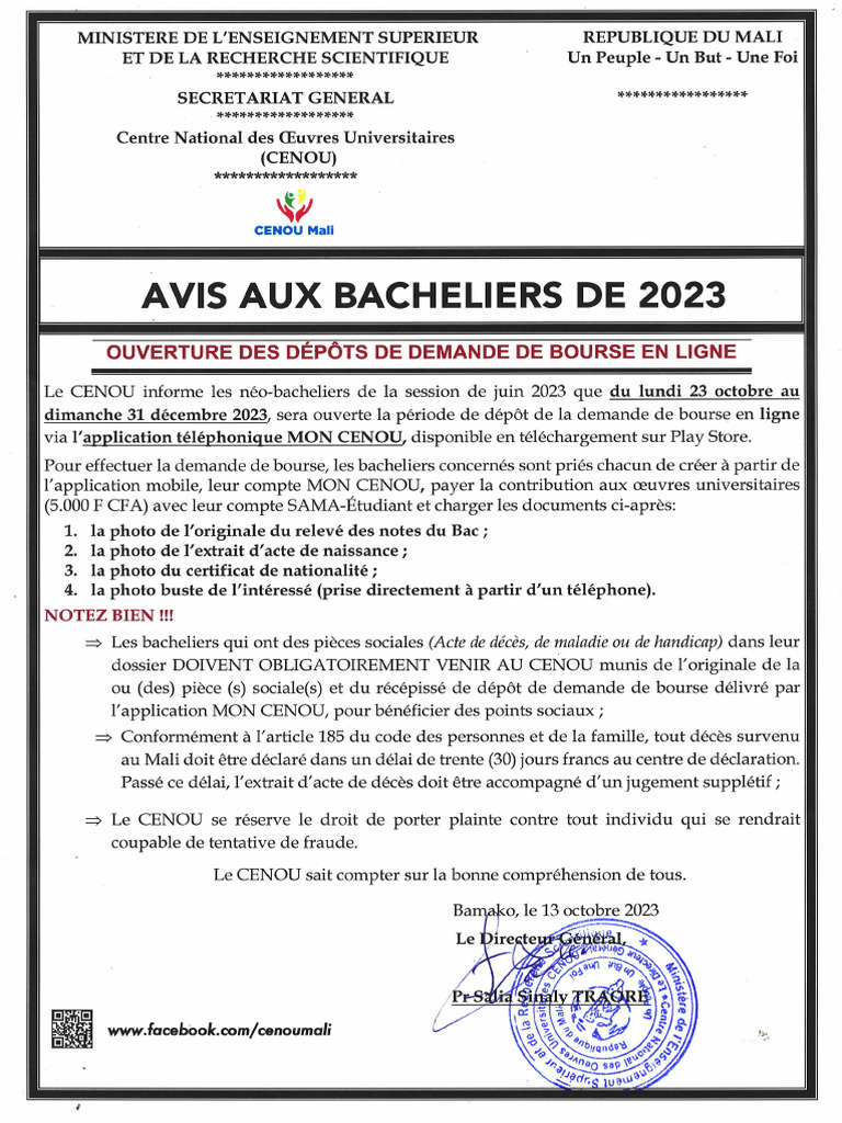 Avis Aux Bac 2023 Ouverture Depots Demande de Bourse en Ligne | PDF