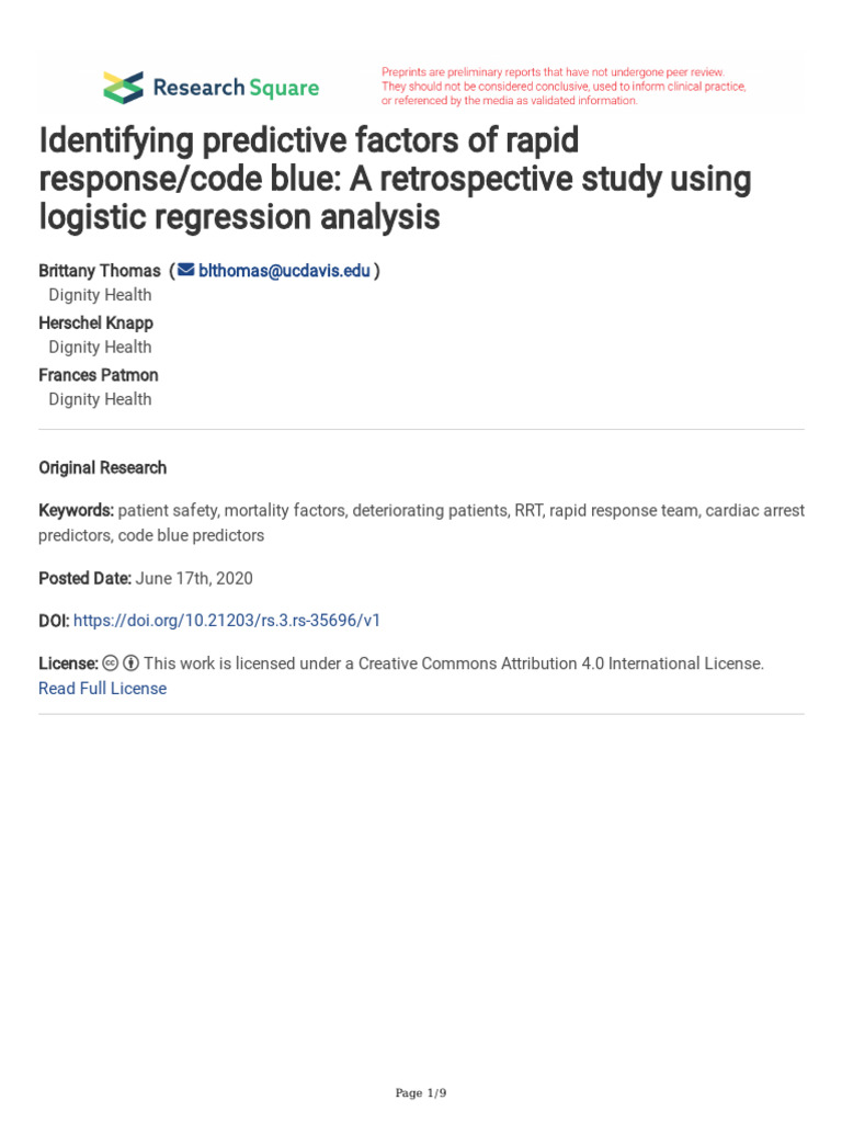 Identifying Predictive Factors of Rapid Response/code Blue: A ...