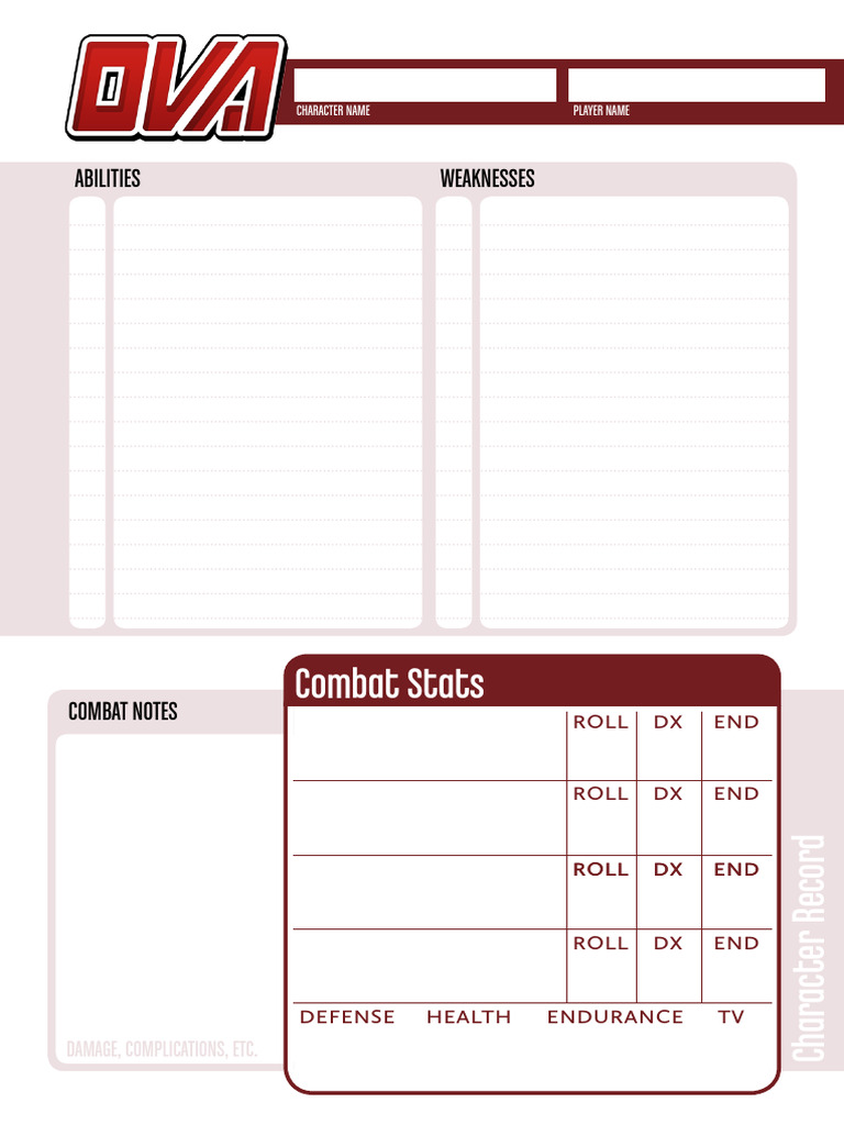 OVA Blank Character Sheet (Form-Fillable) | PDF