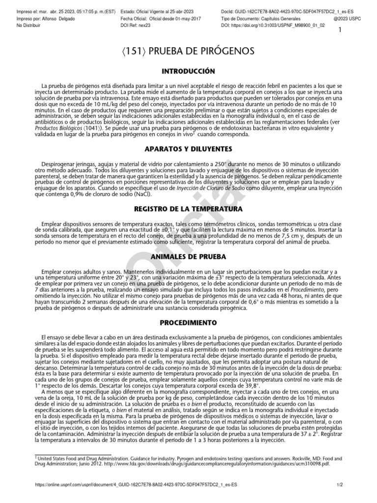 Cap 151 Pirógenos | PDF | Inyección (medicina) | Terapia intravenosa